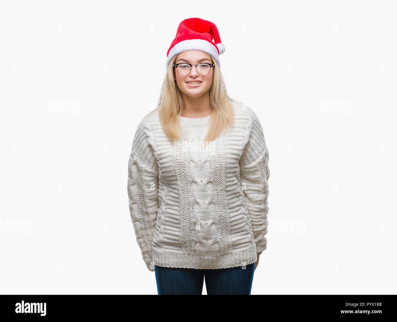 Young caucasian woman wearing christmas hat over isolated background ...