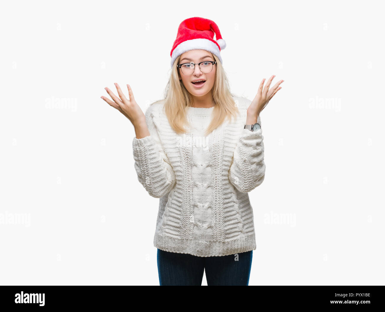 Young caucasian woman wearing christmas hat over isolated background ...