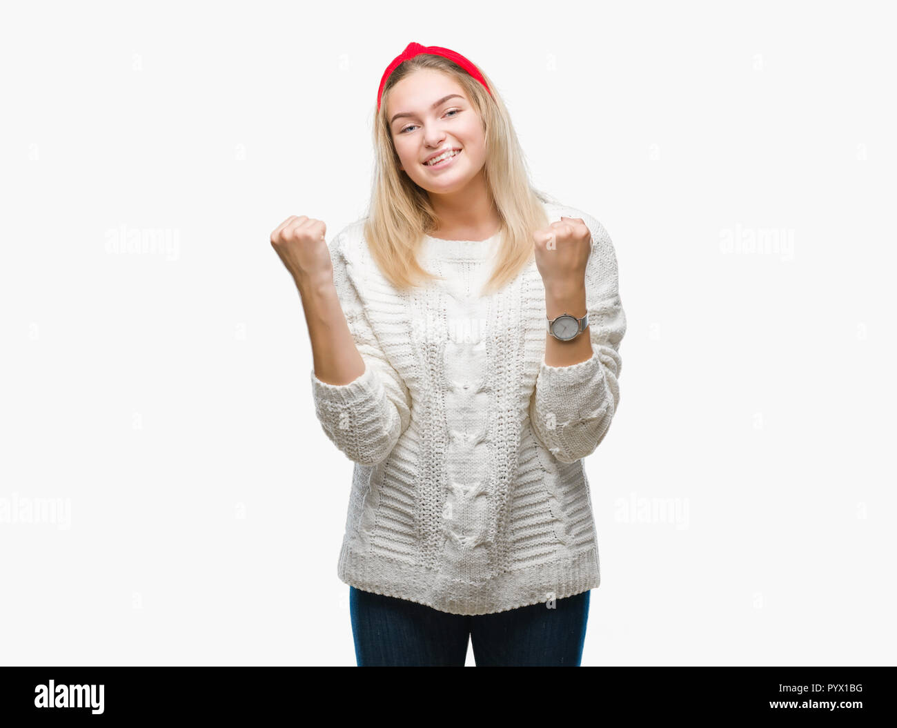 Young caucasian woman wearing winter sweater over isolated background ...