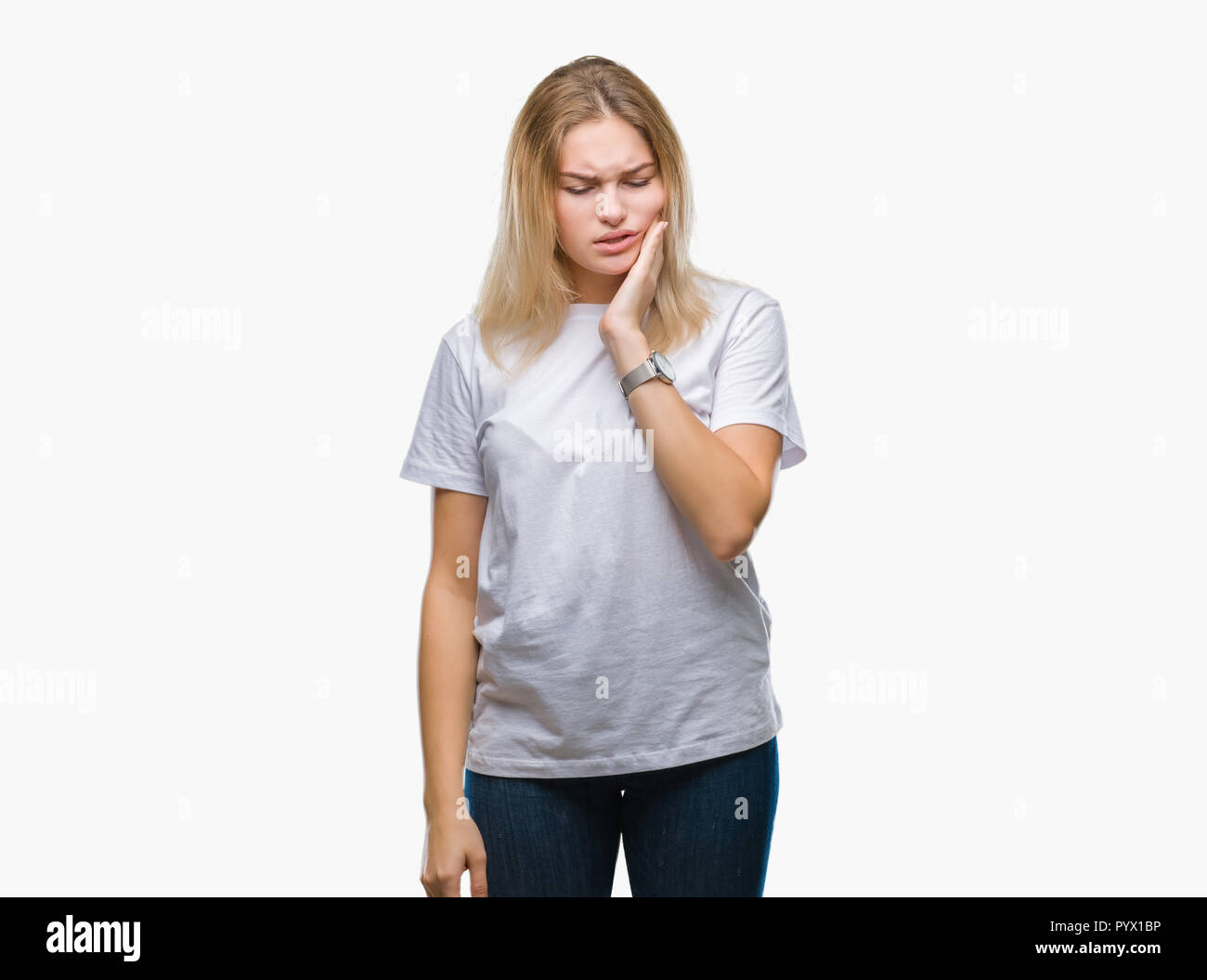 Young caucasian woman over isolated background touching mouth with hand ...