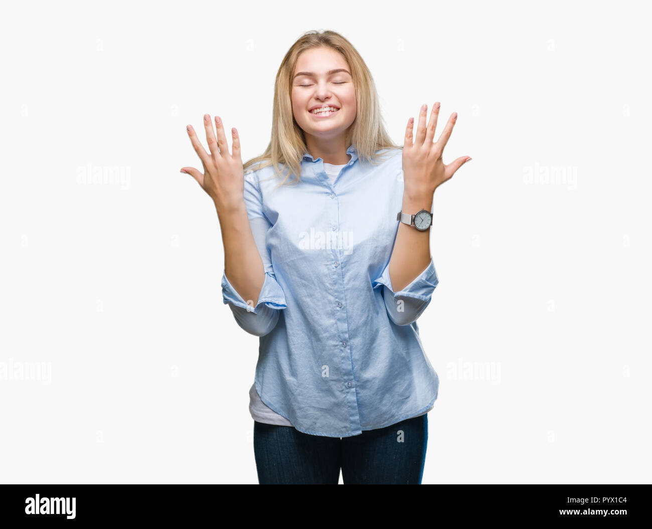 Young caucasian business woman over isolated background celebrating mad ...