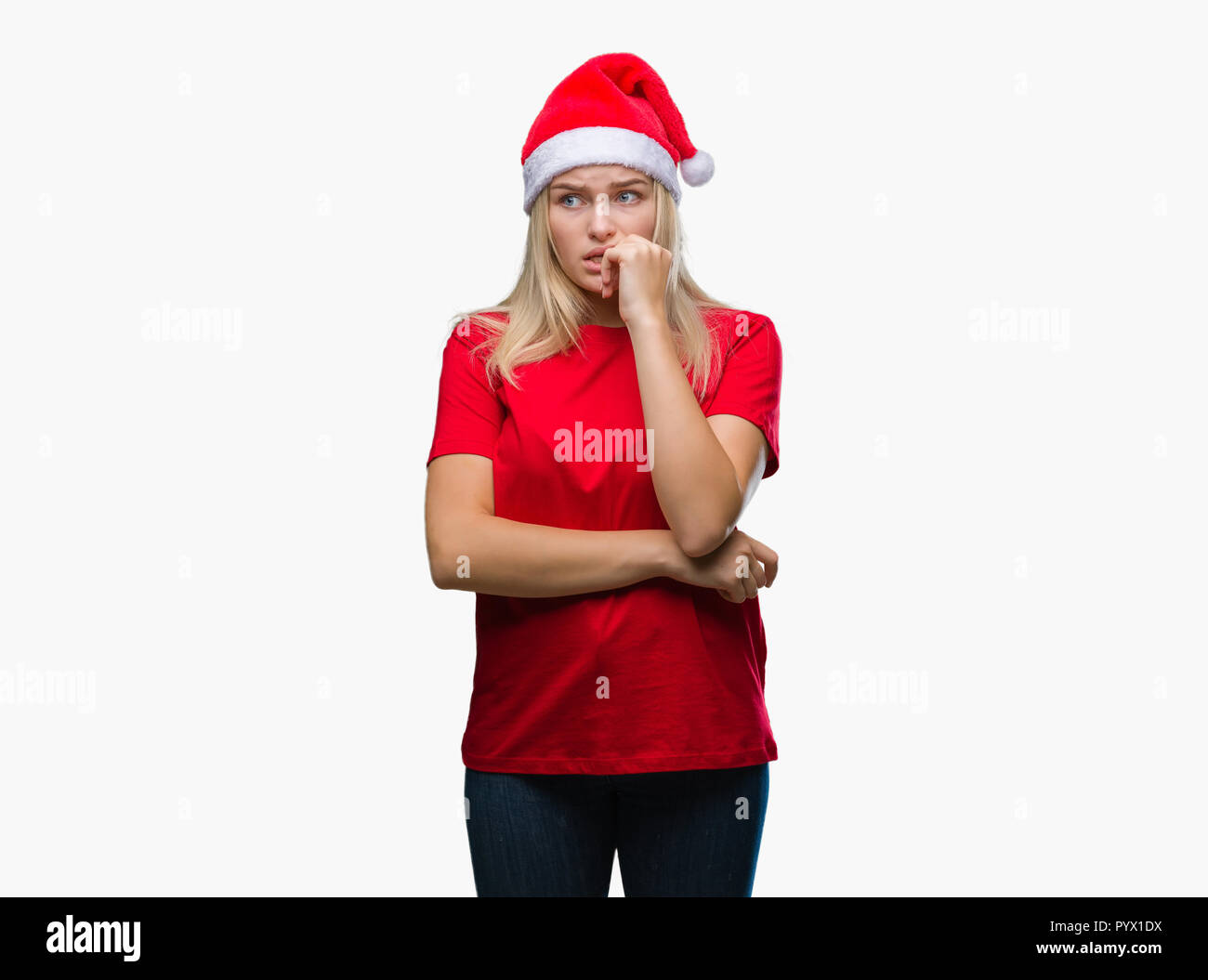 Young caucasian woman wearing christmas hat over isolated background ...