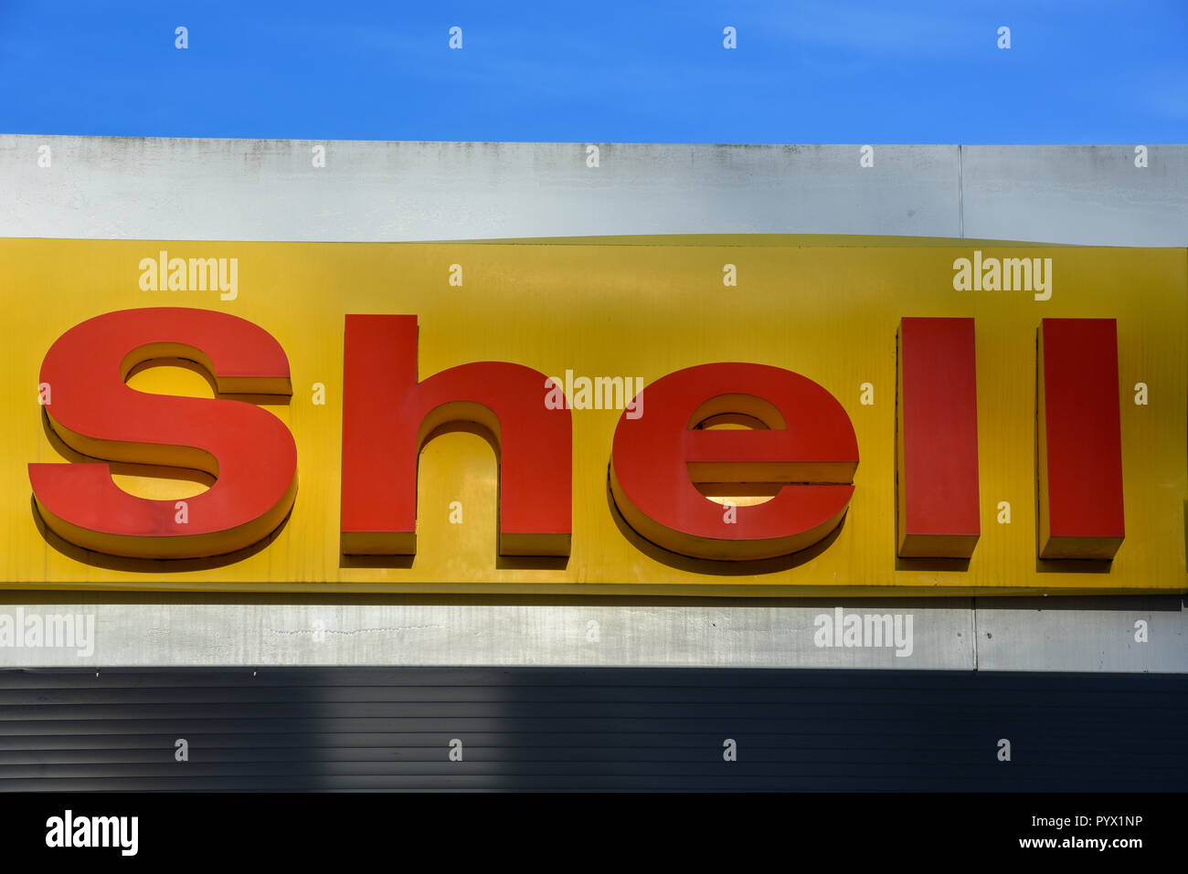 Lugano, Switzerland - 1 December 2016: Logo sign of Shell gas station ...