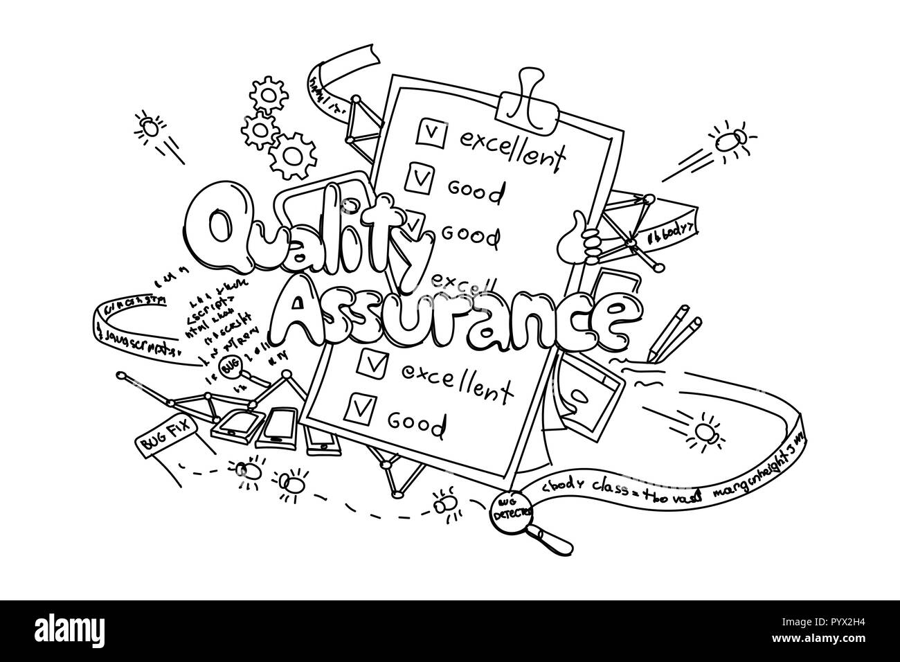 Quality Assurance Vector Hand Drawn Illustration Isolated On White Background Stock Vector