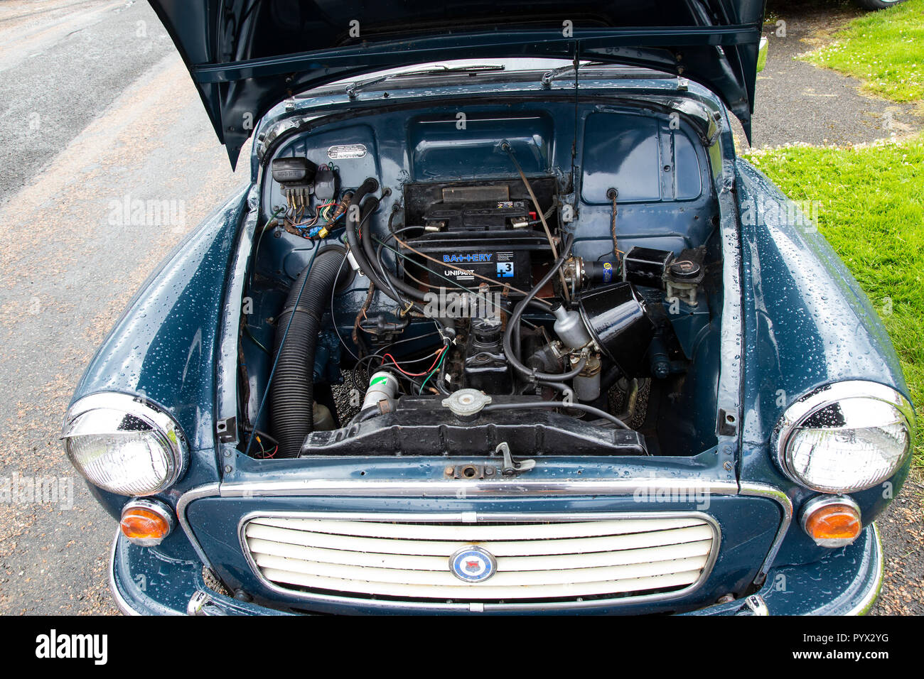 View inside the engine compartment of a Classic Morris Minor Traveller ...