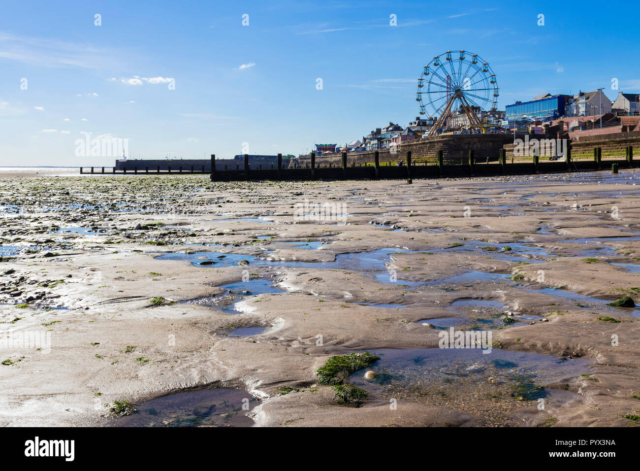 Bridlington Beach Yorkshire north beach looking towards the fun fair ...