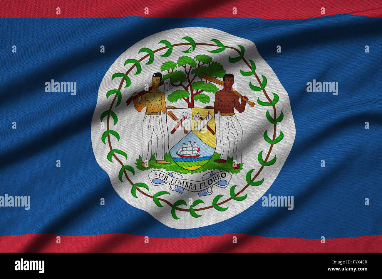 Belize flag is depicted on a sports cloth fabric with many folds. Sport ...