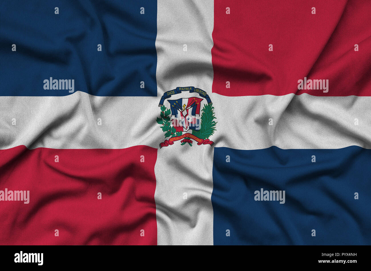Dominican Republic flag is depicted on a sports cloth fabric with many ...