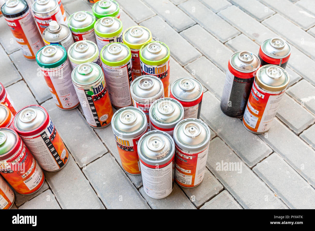 Israel, Tel Aviv - 20 October 2018: Spray cans used by graffiti artists ...