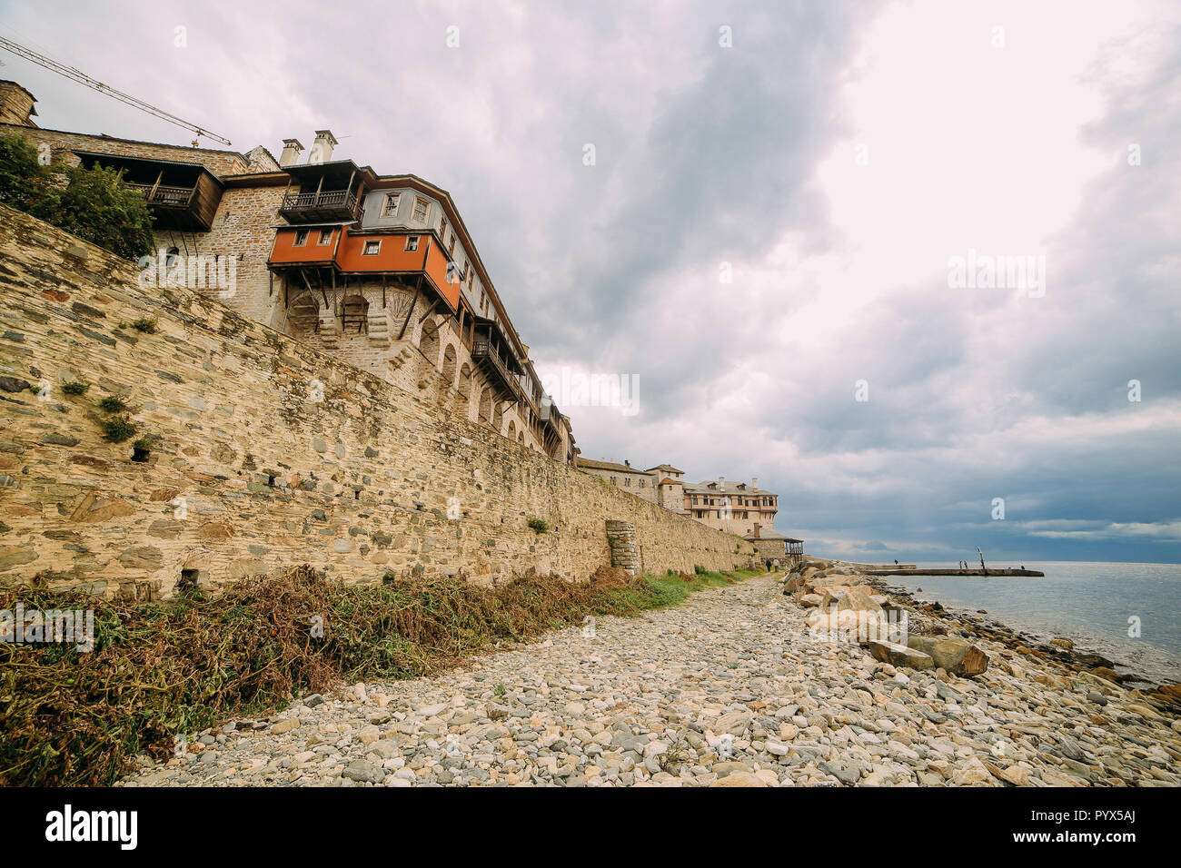 Orthodox monastery on the beach, holy mountain Athos, Greece Stock ...