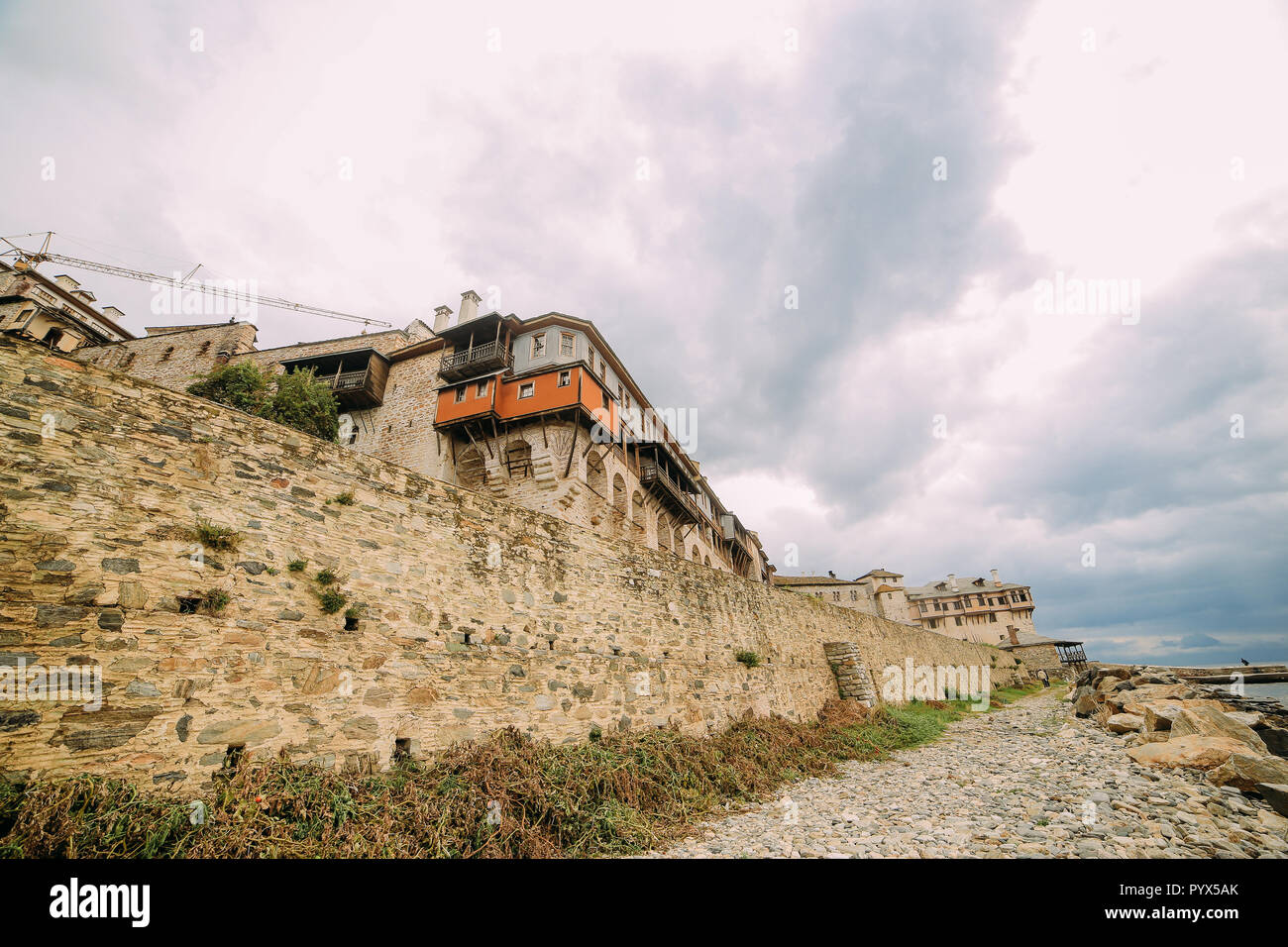 Orthodox monastery on the beach, holy mountain Athos, Greece Stock ...