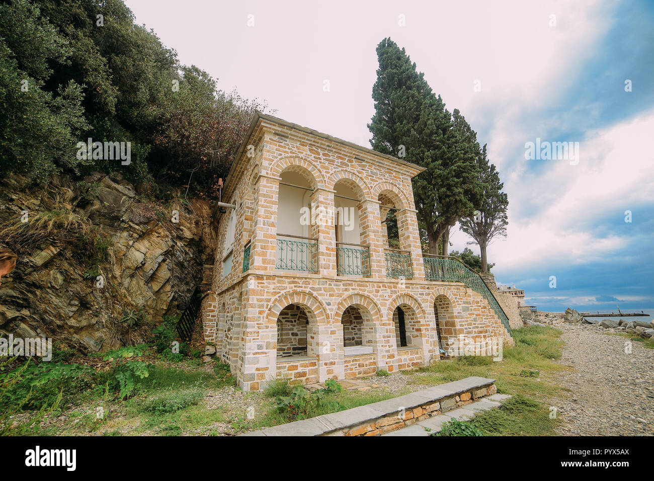 Orthodox monastery on the beach, holy mountain Athos, Greece Stock ...