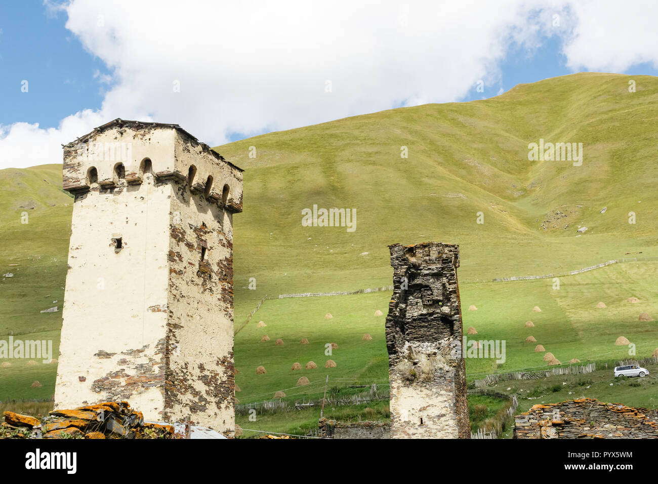 Old stone svan tower on street of Ushguli village in Svaneti, Georgia ...