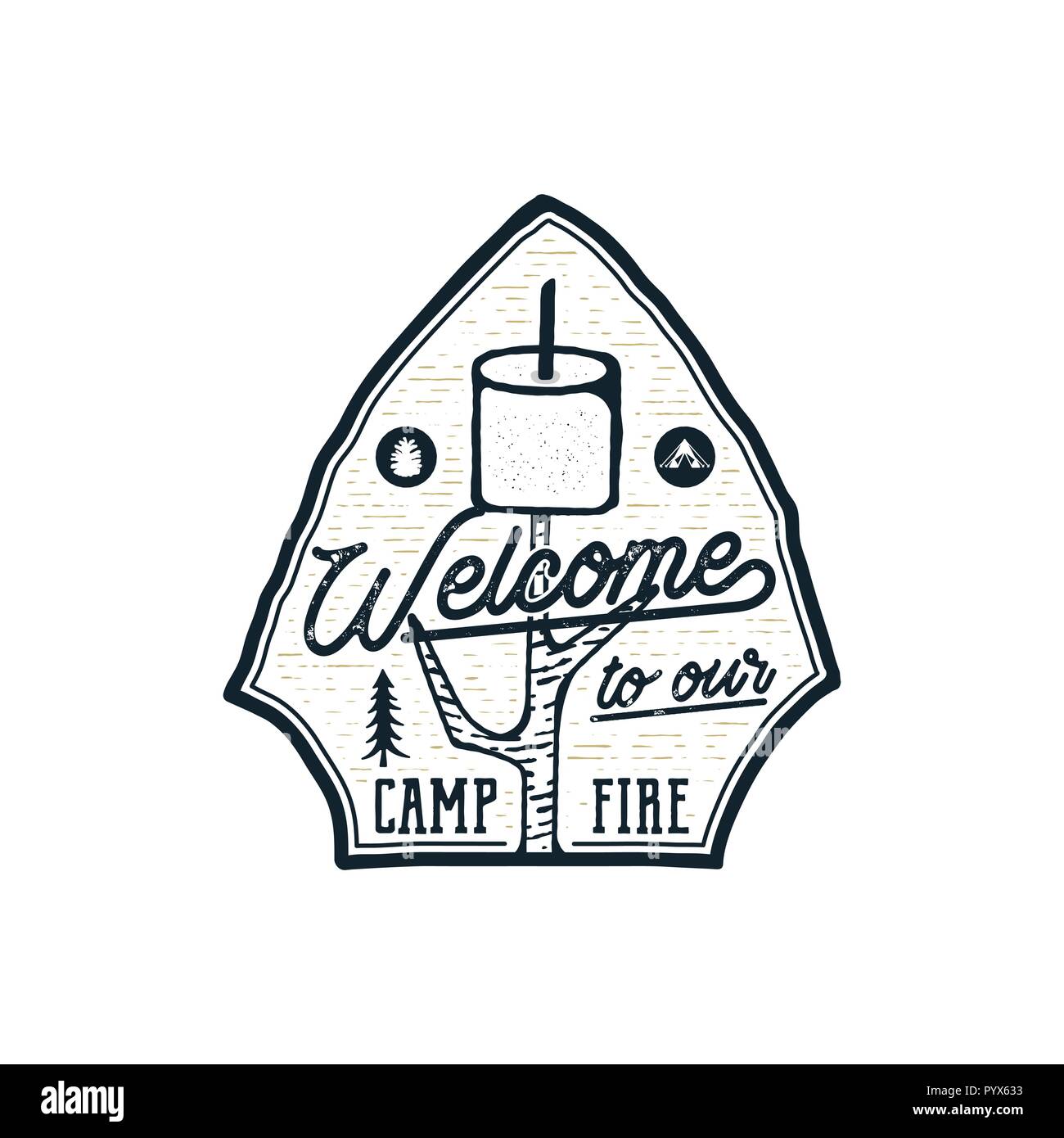 Campsite Logo Emblem. Vintage hand drawn travel badge. Featuring ...