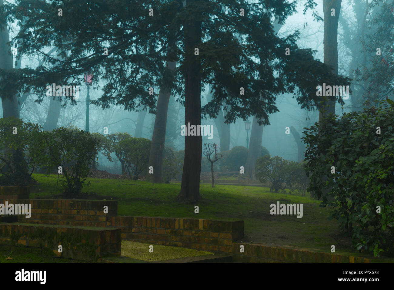 Spooky Halloween theme park landscape, Venice Italy morning fog Stock ...