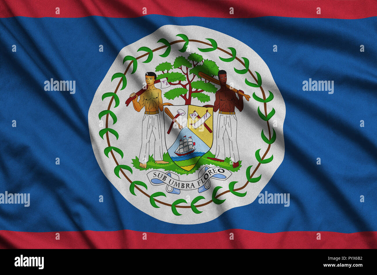 Belize flag is depicted on a sports cloth fabric with many folds. Sport ...