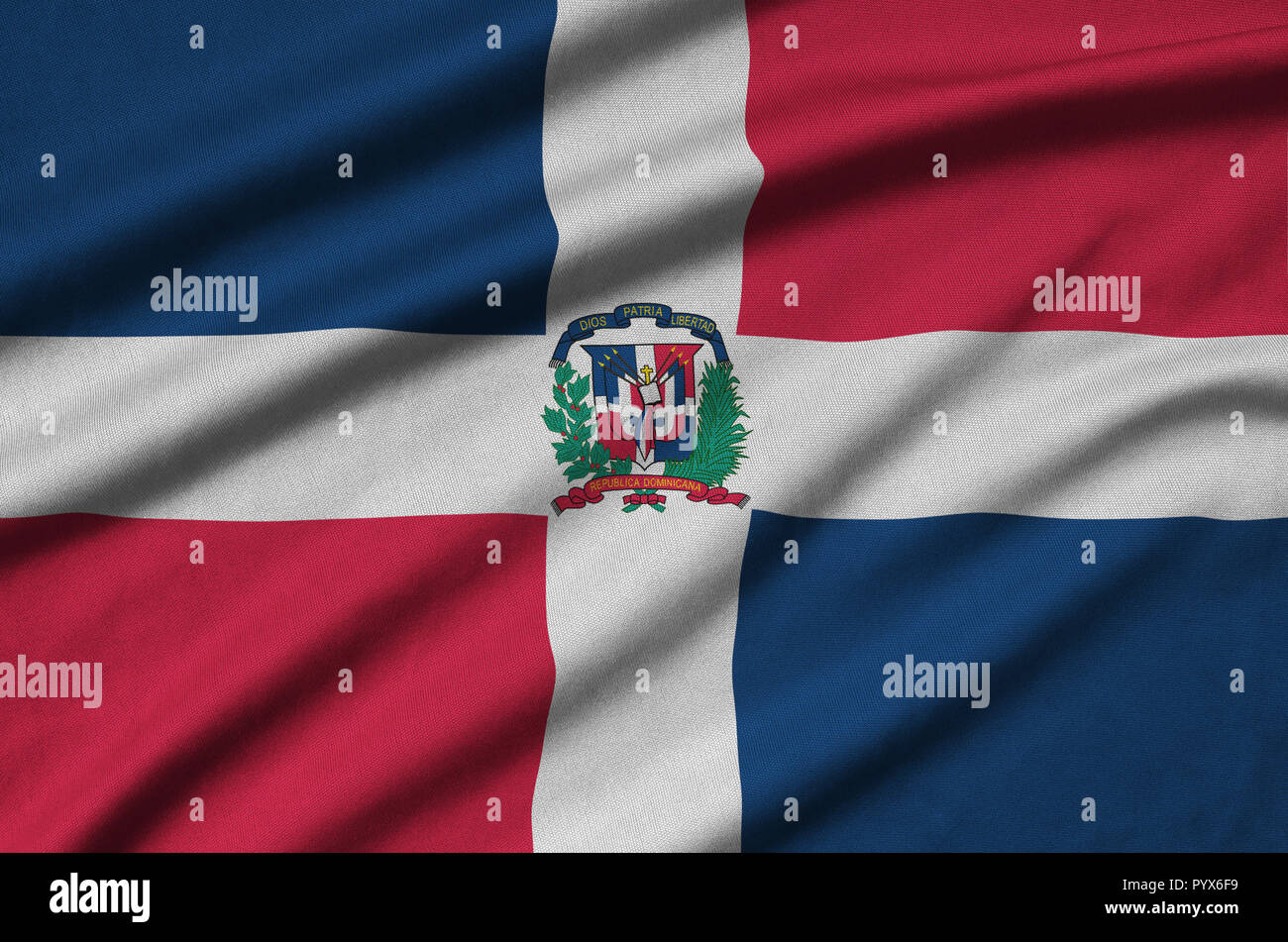 Dominican Republic flag is depicted on a sports cloth fabric with many ...