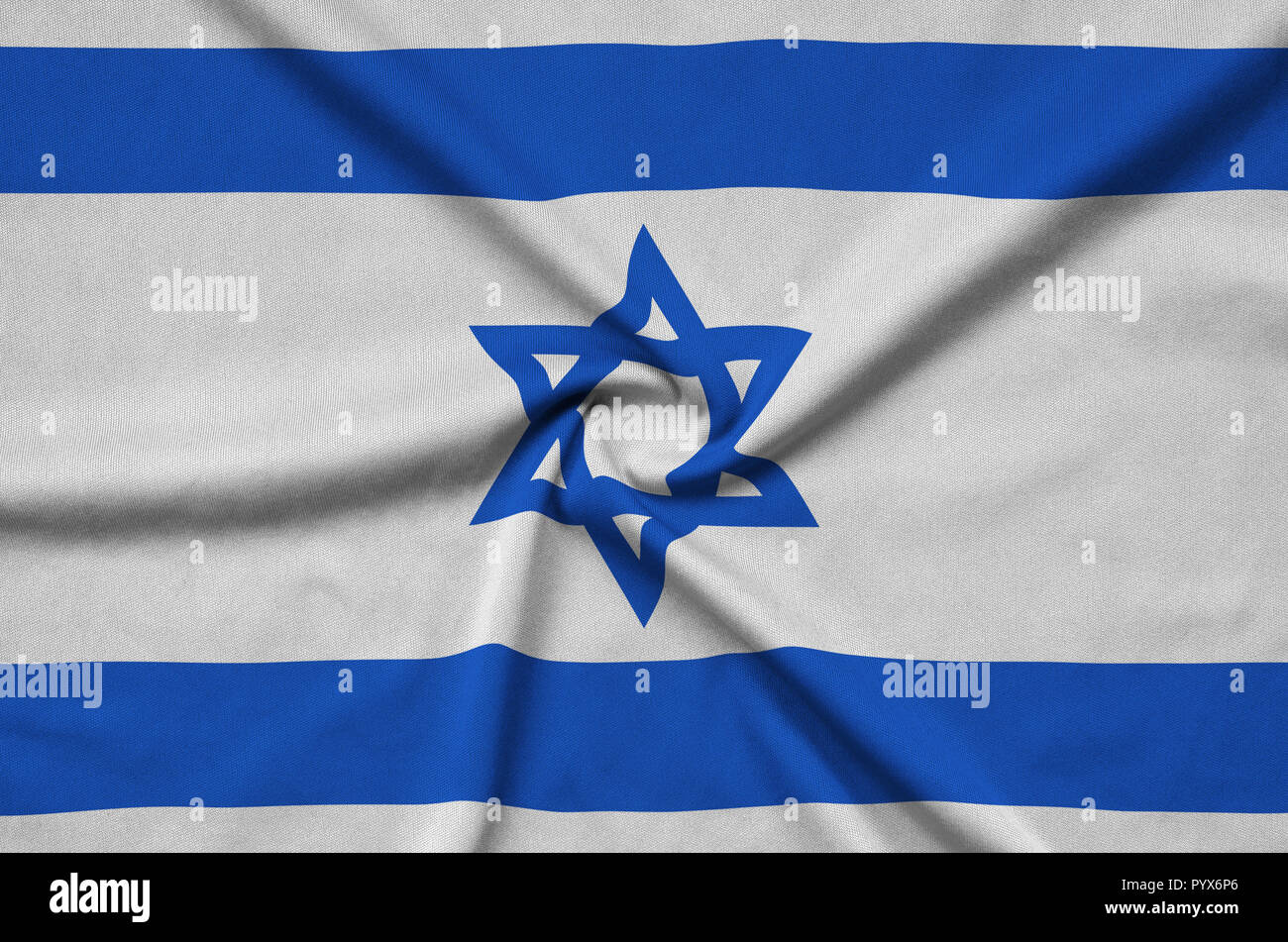 Israel flag is depicted on a sports cloth fabric with many folds. Sport ...