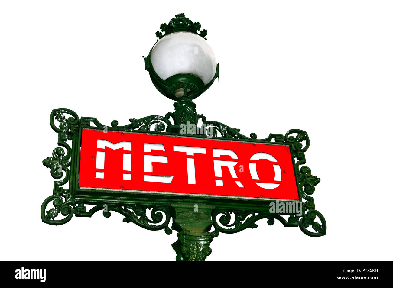 Famous red metro sign with light over white background in Paris, France ...