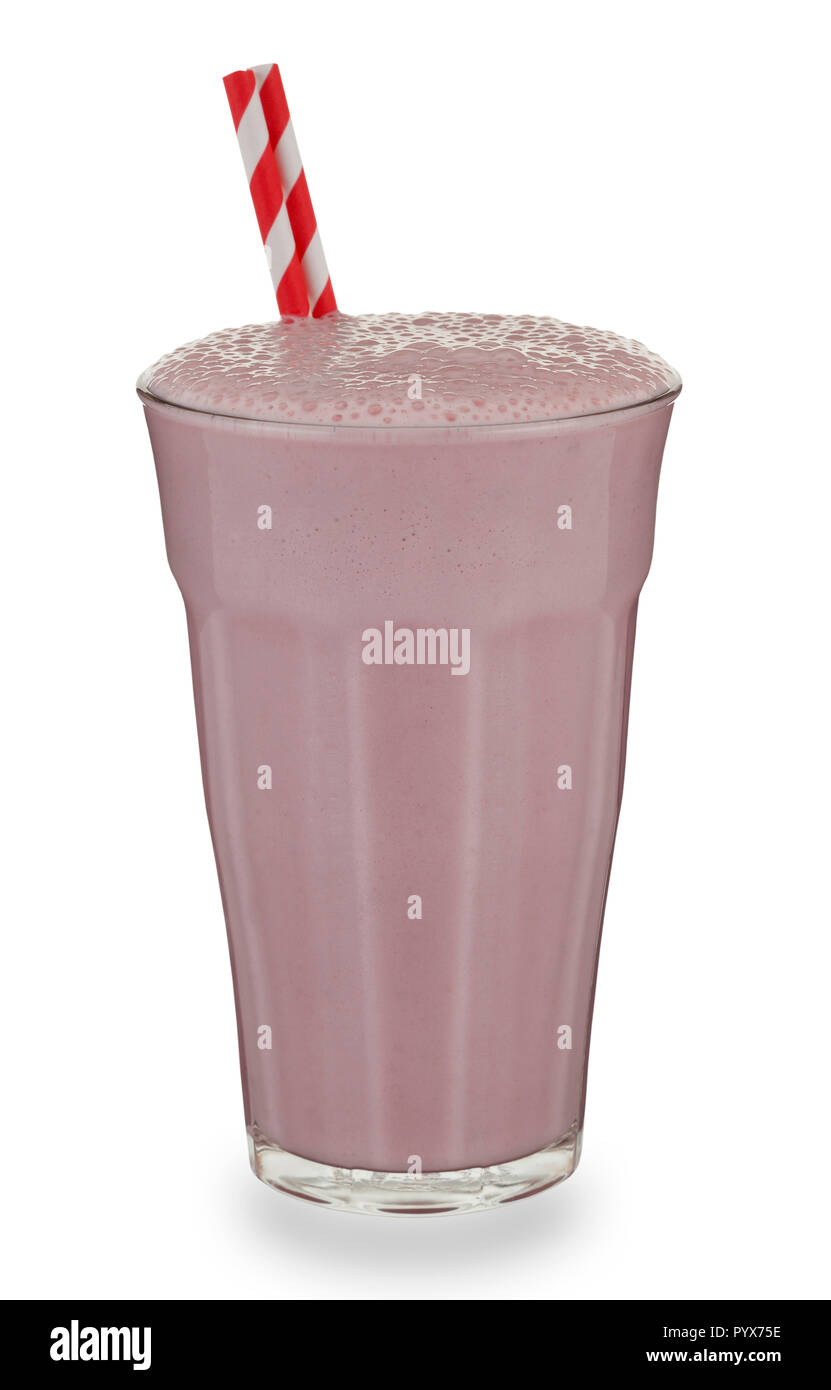Glass of strawberry Milkshake and straw, with drop shadow Stock Photo ...
