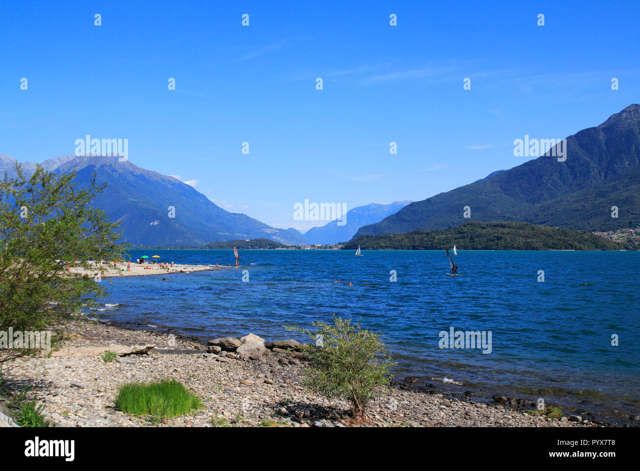 Shore and beach of Dongo, district of Gravedona, with view over the ...