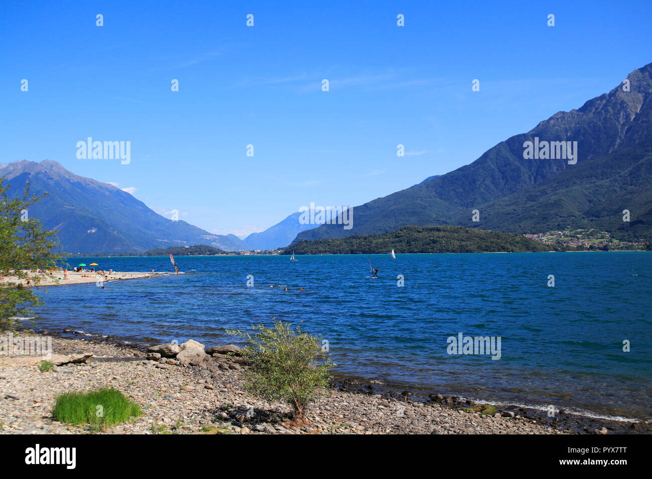 Shore and beach of Dongo, district of Gravedona, with view over the ...