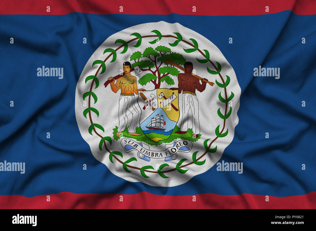 Belize flag is depicted on a sports cloth fabric with many folds. Sport ...