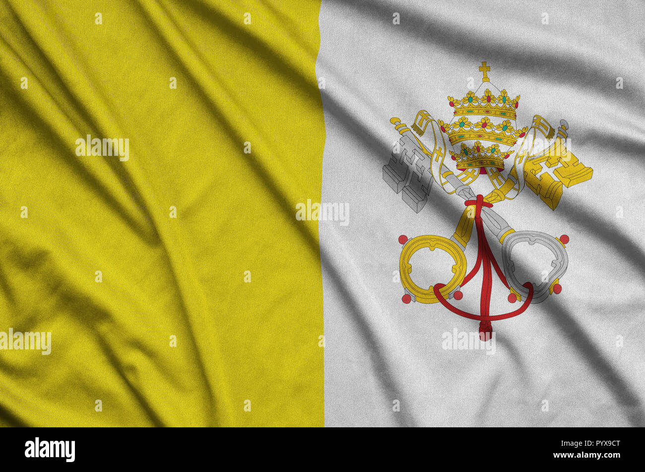 Vatican City State flag is depicted on a sports cloth fabric with many ...