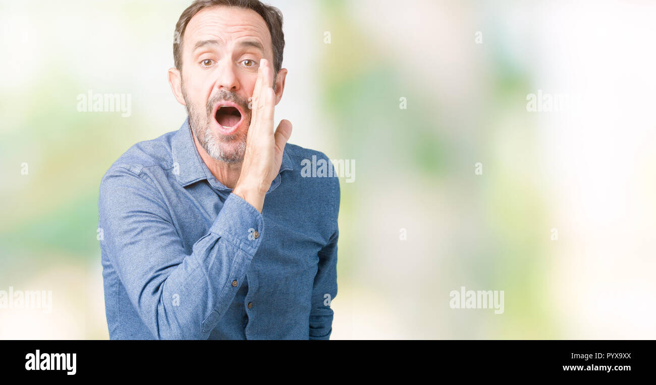 Handsome middle age elegant senior man over isolated background hand on ...