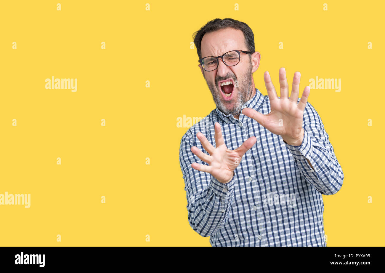 Handsome middle age elegant senior business man wearing glasses over ...