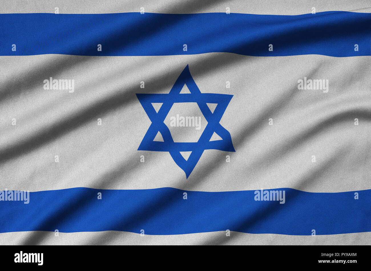 Israel flag is depicted on a sports cloth fabric with many folds. Sport ...