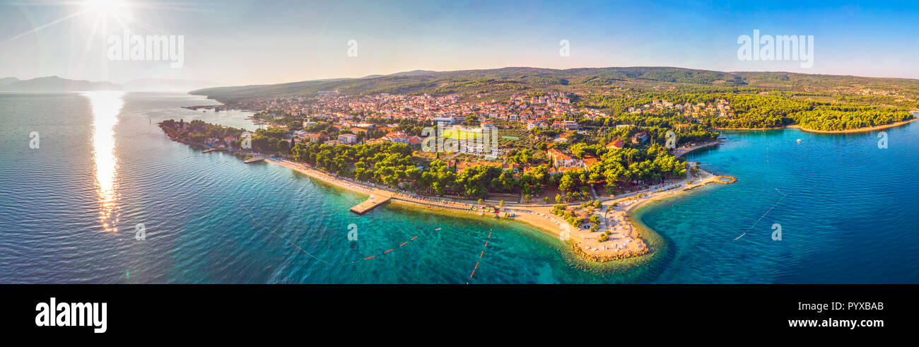Aerial view of seaside promenade in Supetar town on Brac island with ...