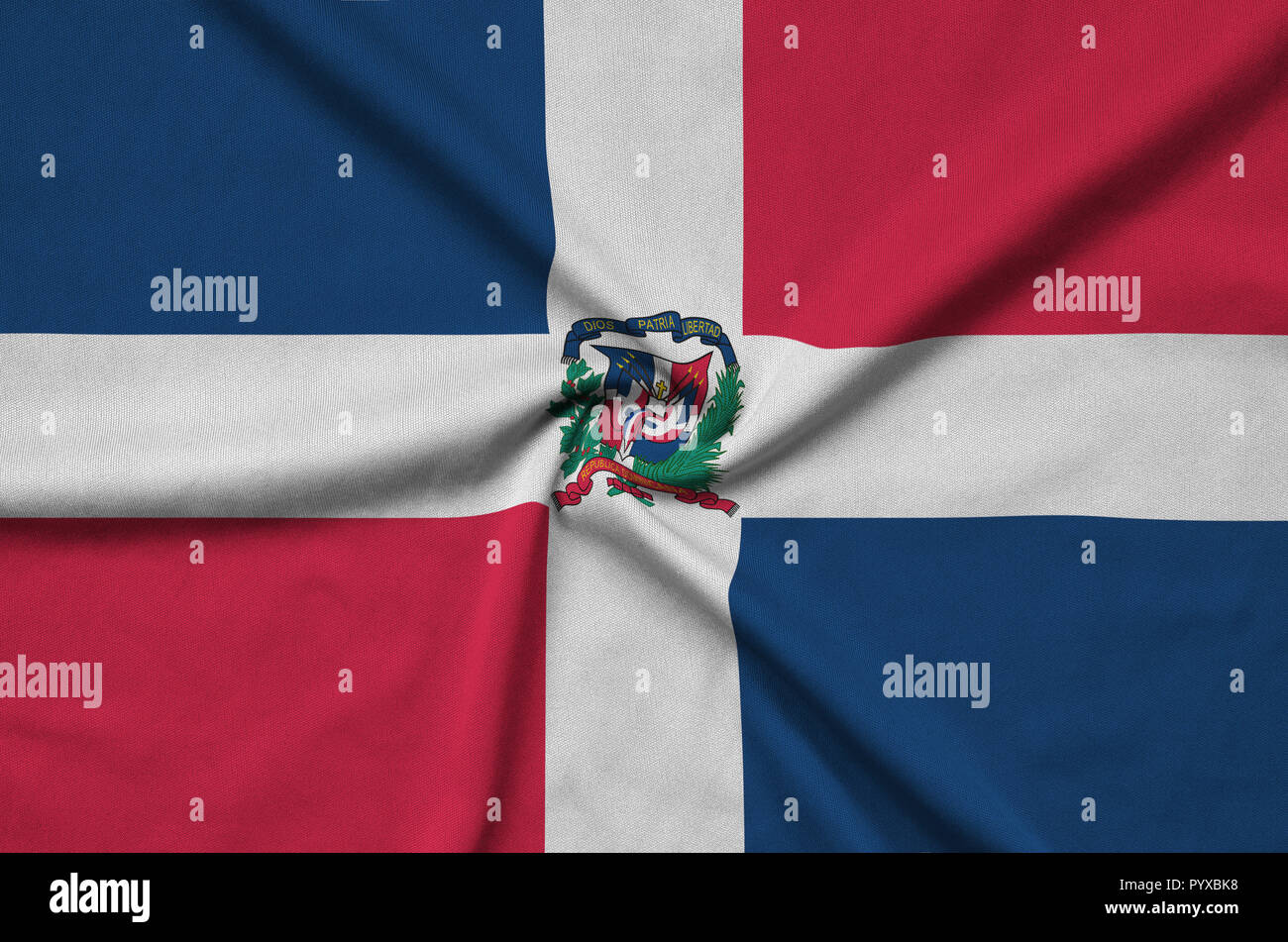 Dominican Republic flag is depicted on a sports cloth fabric with many ...