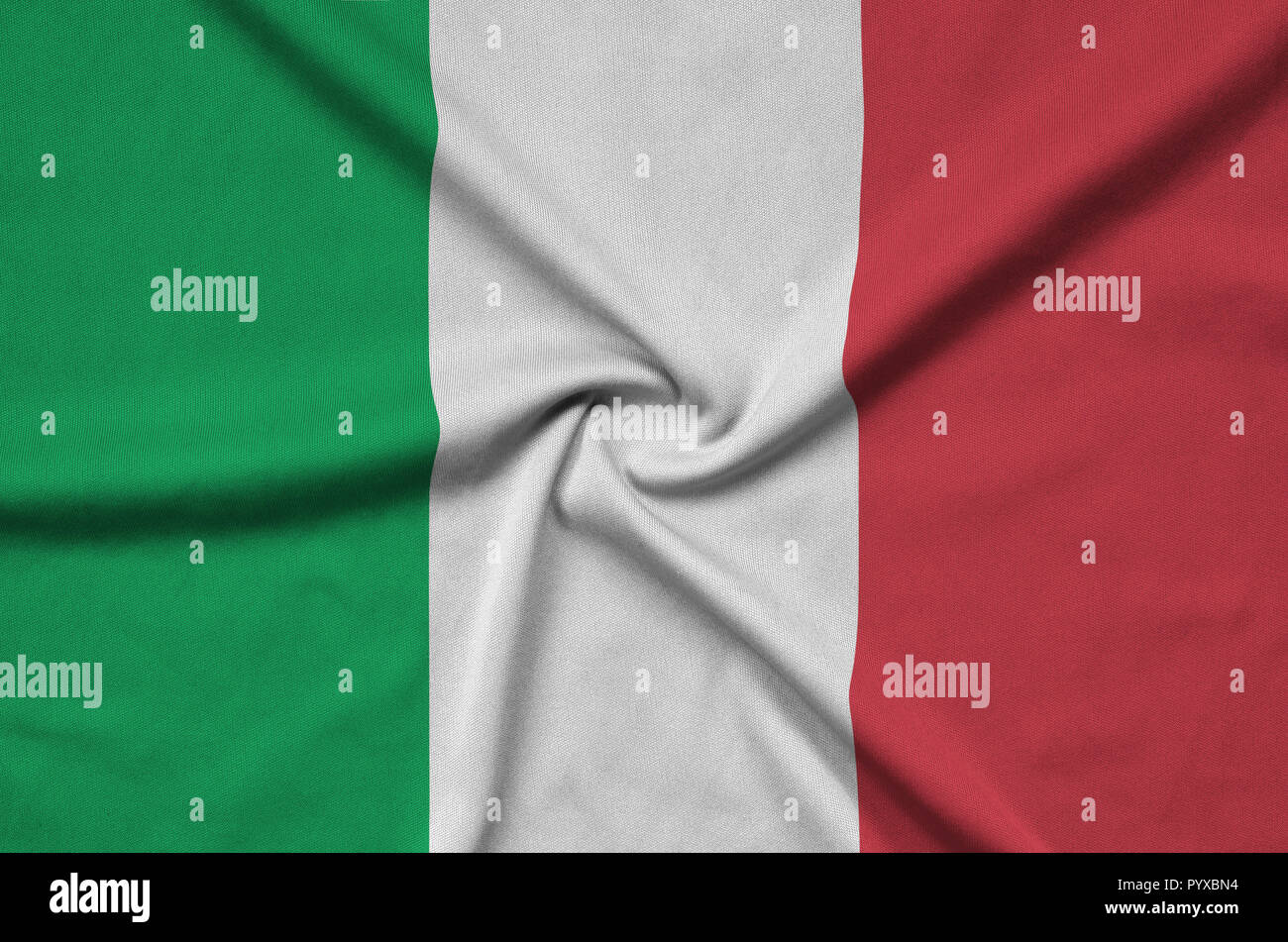 Italy flag is depicted on a sports cloth fabric with many folds. Sport ...