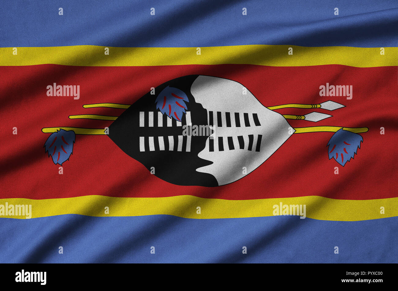 Swaziland flag is depicted on a sports cloth fabric with many folds ...