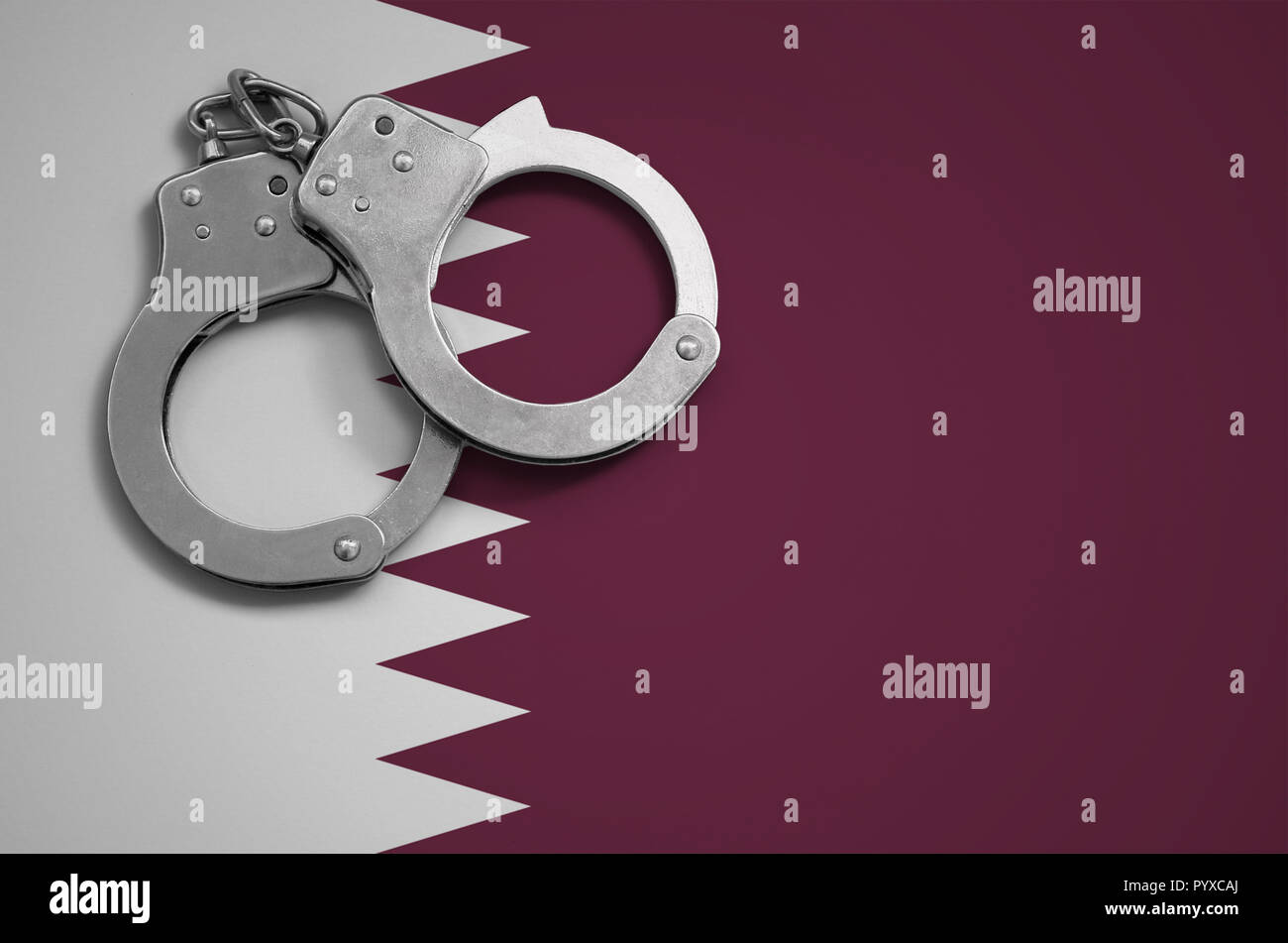 Qatar flag and police handcuffs. The concept of crime and offenses in ...