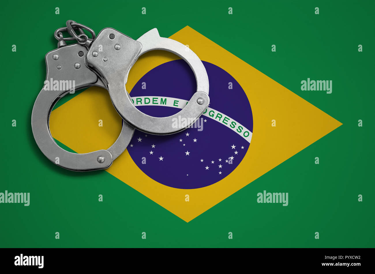 Brazil flag and police handcuffs. The concept of crime and offenses in ...