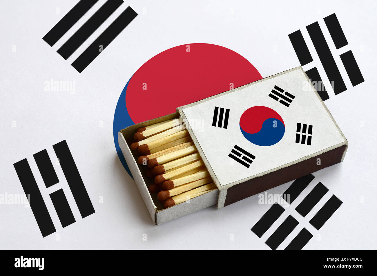 South Korea flag is shown in an open matchbox, which is filled with ...