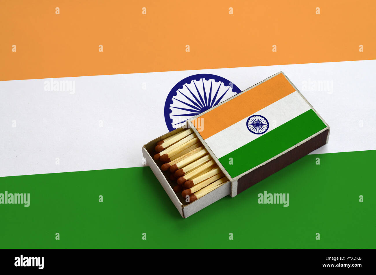 India flag is shown in an open matchbox, which is filled with matches ...