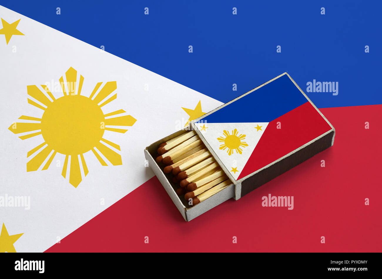 Philippines flag is shown in an open matchbox, which is filled with ...