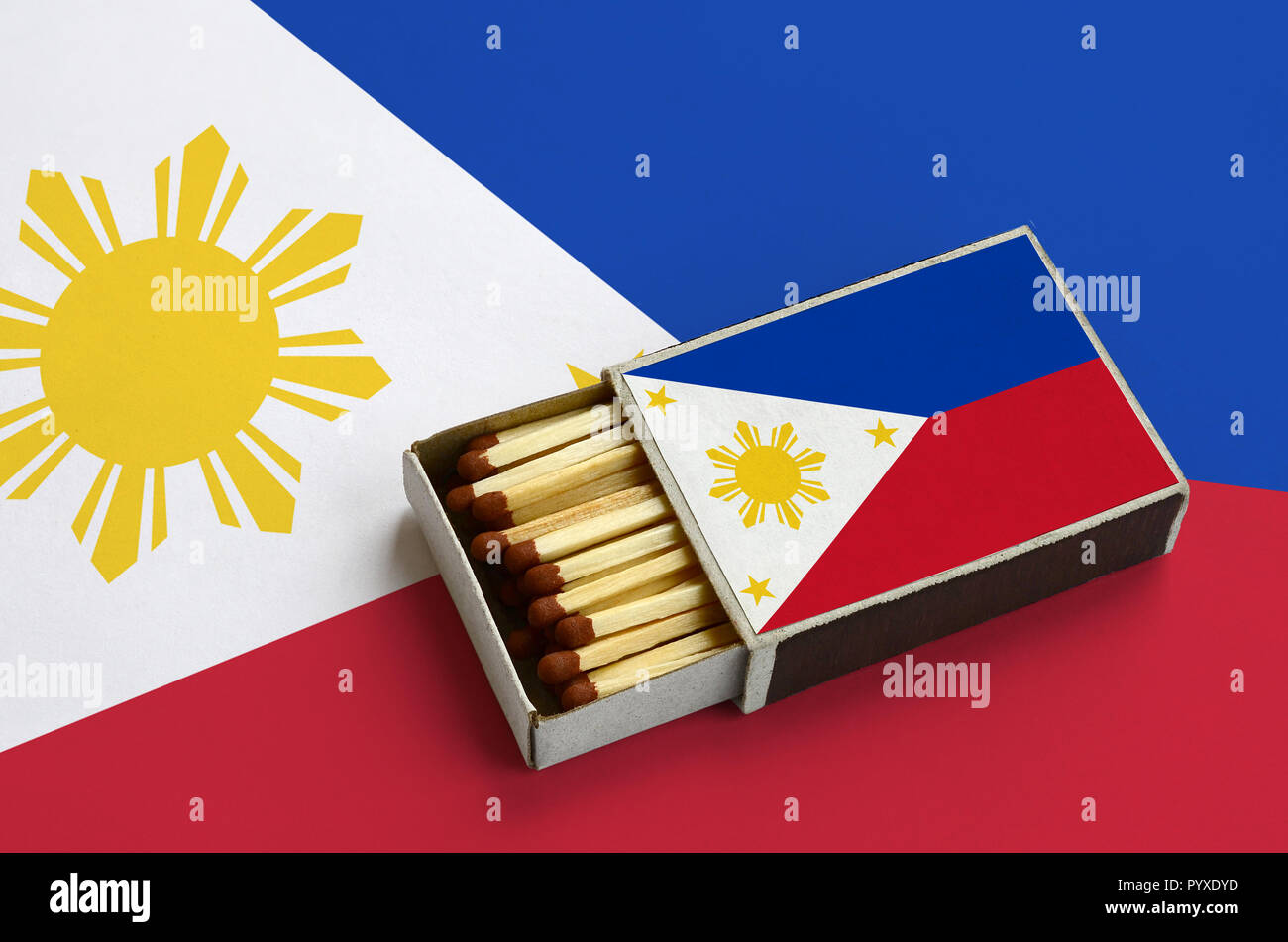 Philippines flag is shown in an open matchbox, which is filled with ...