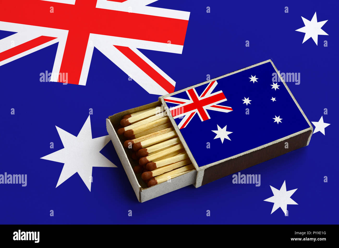 Australia flag is shown in an open matchbox, which is filled with ...