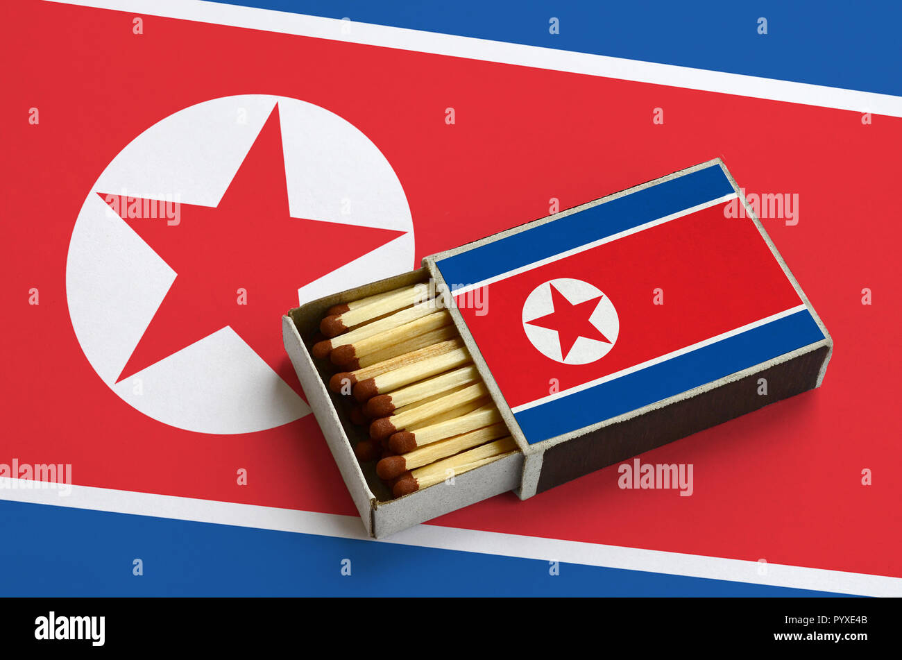 North Korea flag is shown in an open matchbox, which is filled with ...