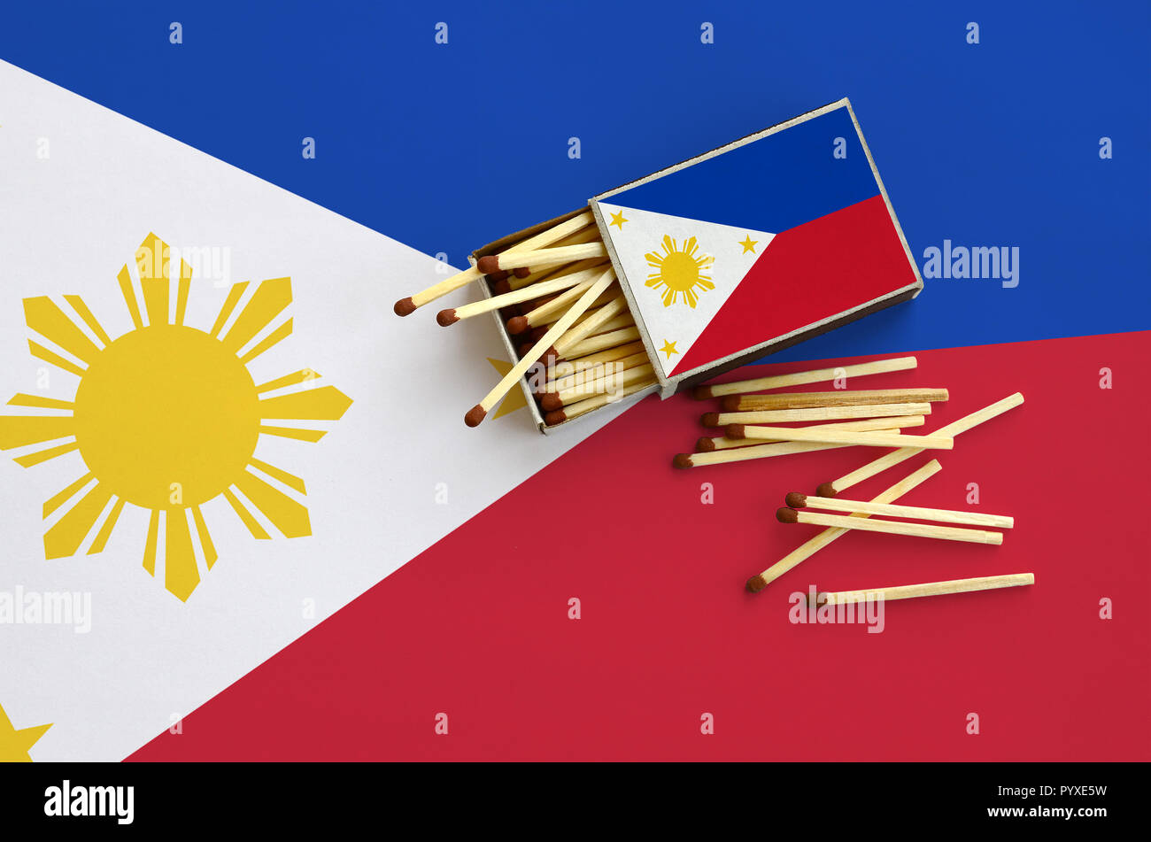 Philippines flag is shown on an open matchbox, from which several ...