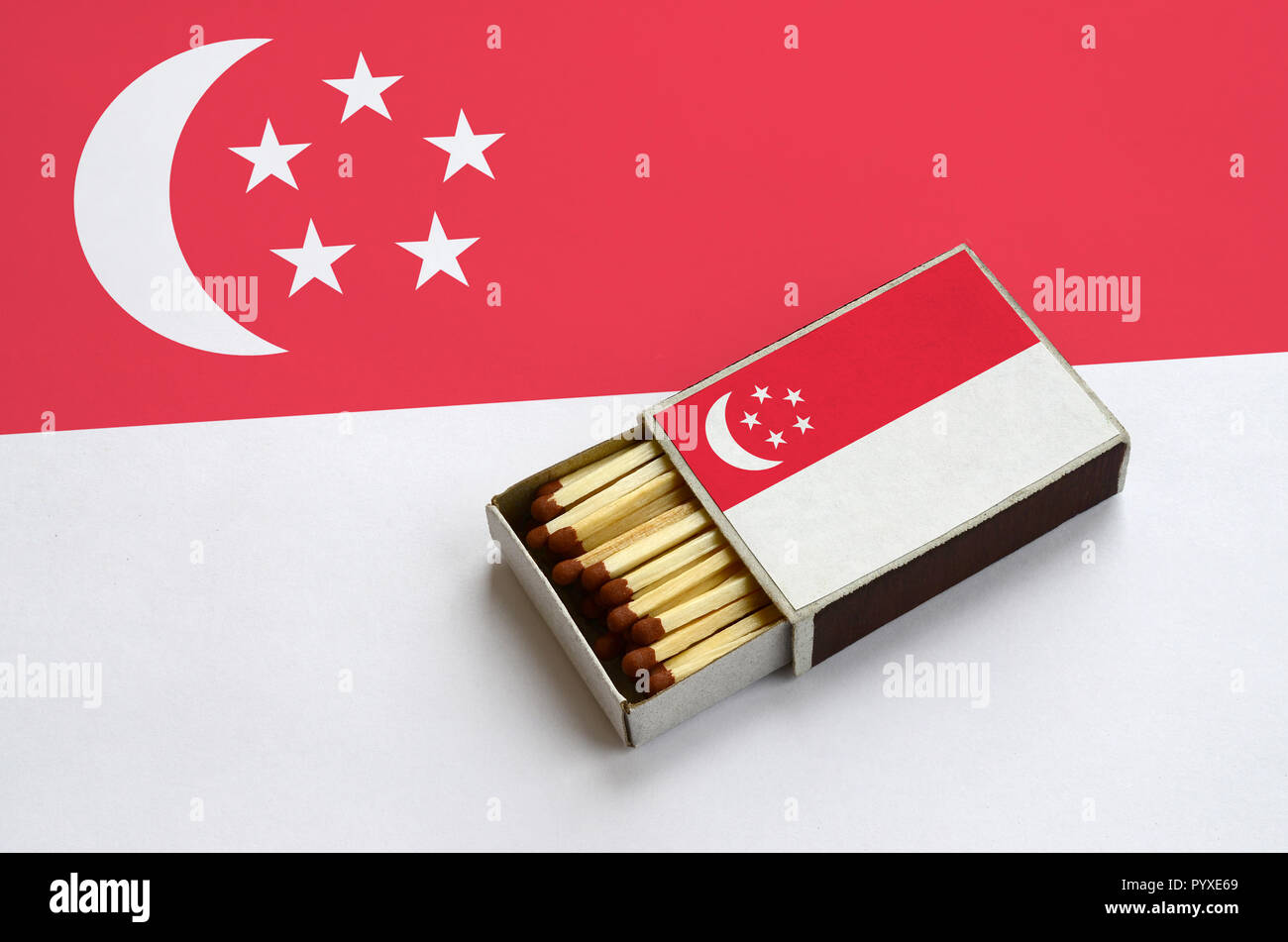 Singapore flag is shown in an open matchbox, which is filled with ...