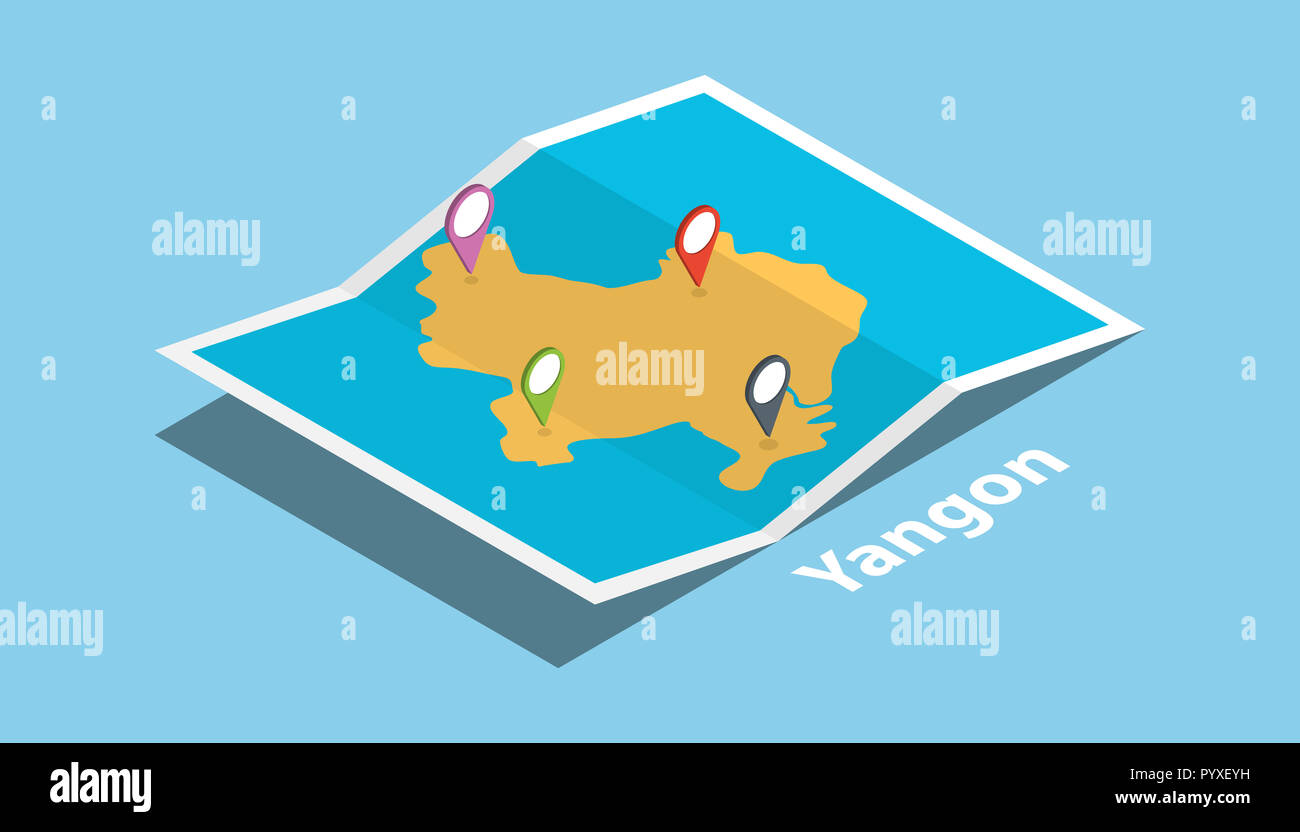 yangoon or rangoon in myanmar explore maps with isometric style and pin ...