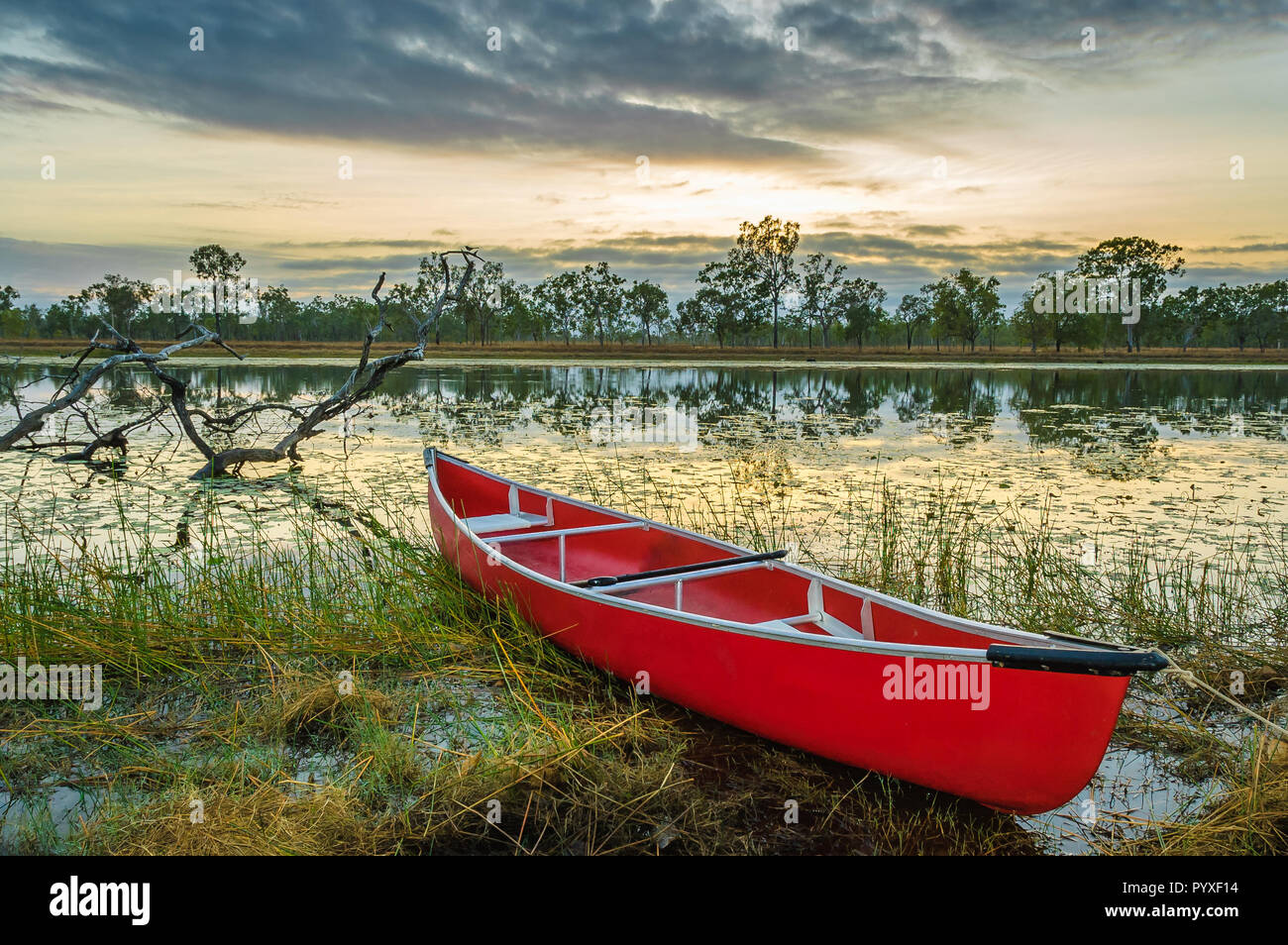 A red canoe moored at a wilderness camp on a wetland lagoon in the ...