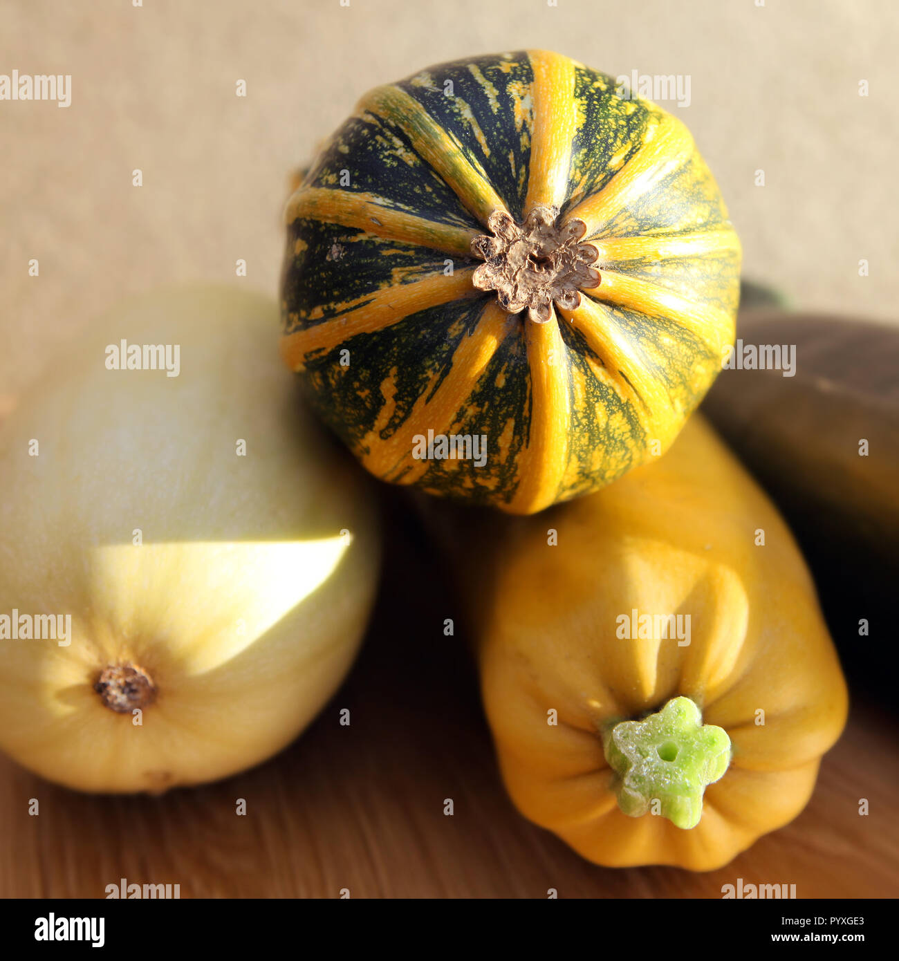 Vegetable marrows on a kitchen table for preparation of a dish Stock ...