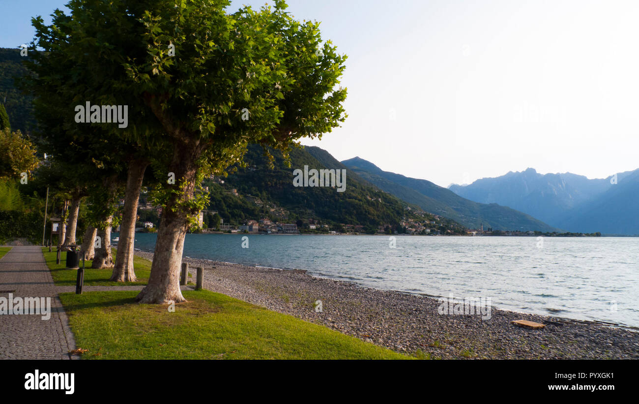 Shore and beach of Dongo, district of Gravedona, with view over the ...