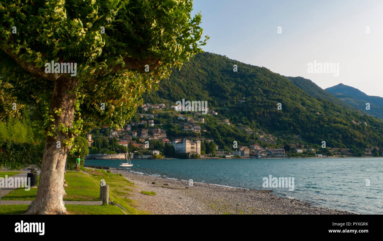 Shore and beach of Dongo, district of Gravedona, with view over the ...
